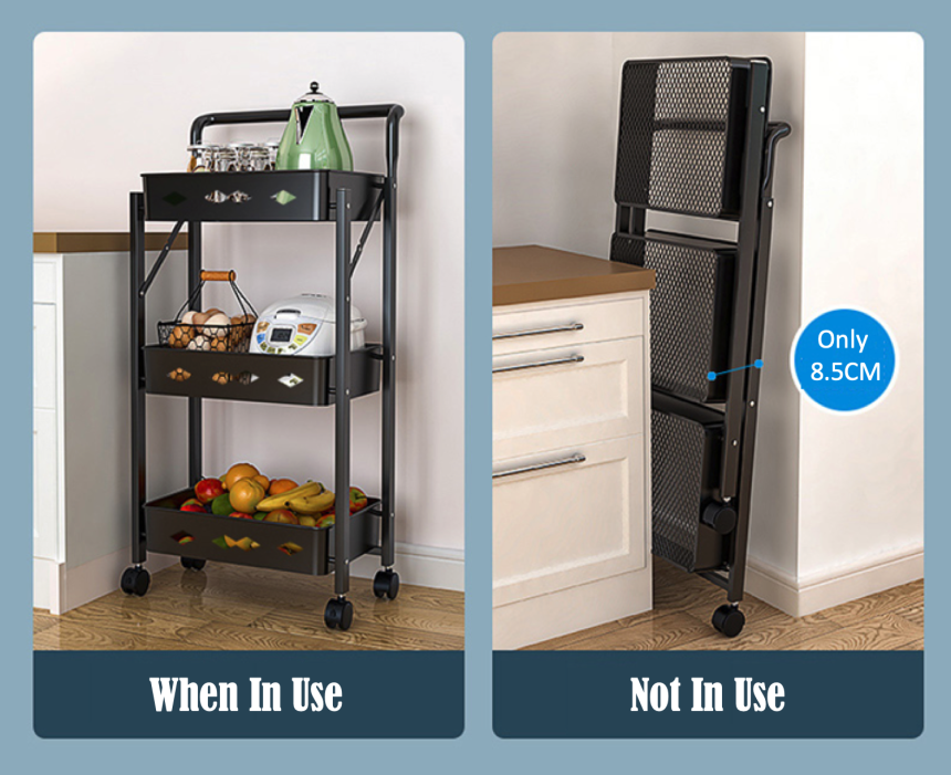 Multifunction Foldable 3 Tiers Storage Trolley with Handle & Lockable ...